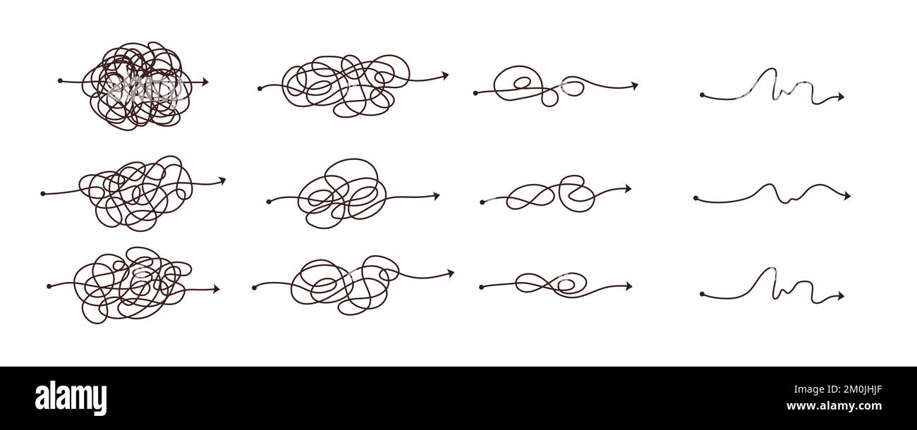 Simple line and complex easy way. Scribble doodle chaos mindset. Problem solving, difficult line ...