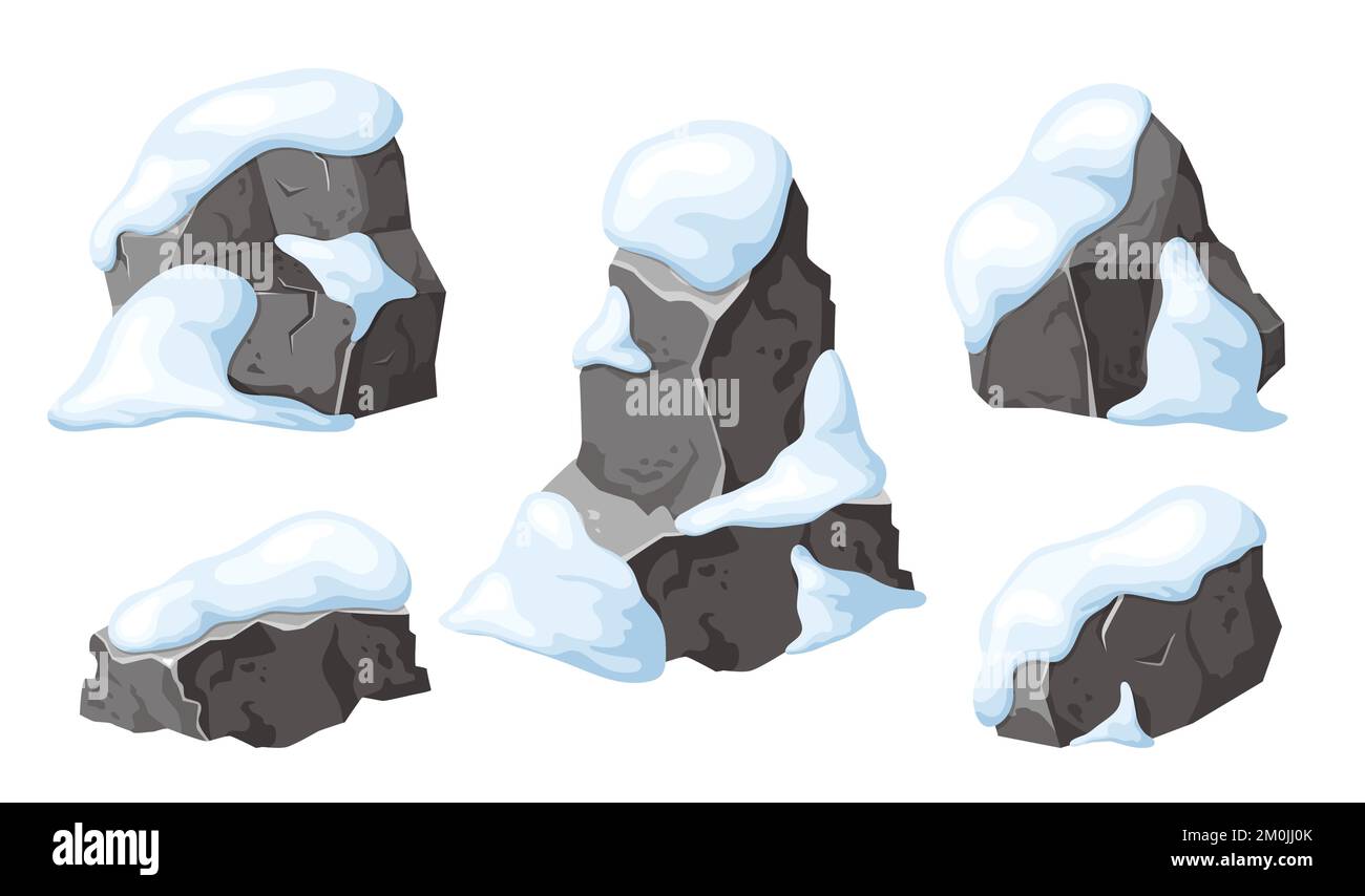 Set of stone and rock in snow. Snowy mountains in cartoon, heap of ...