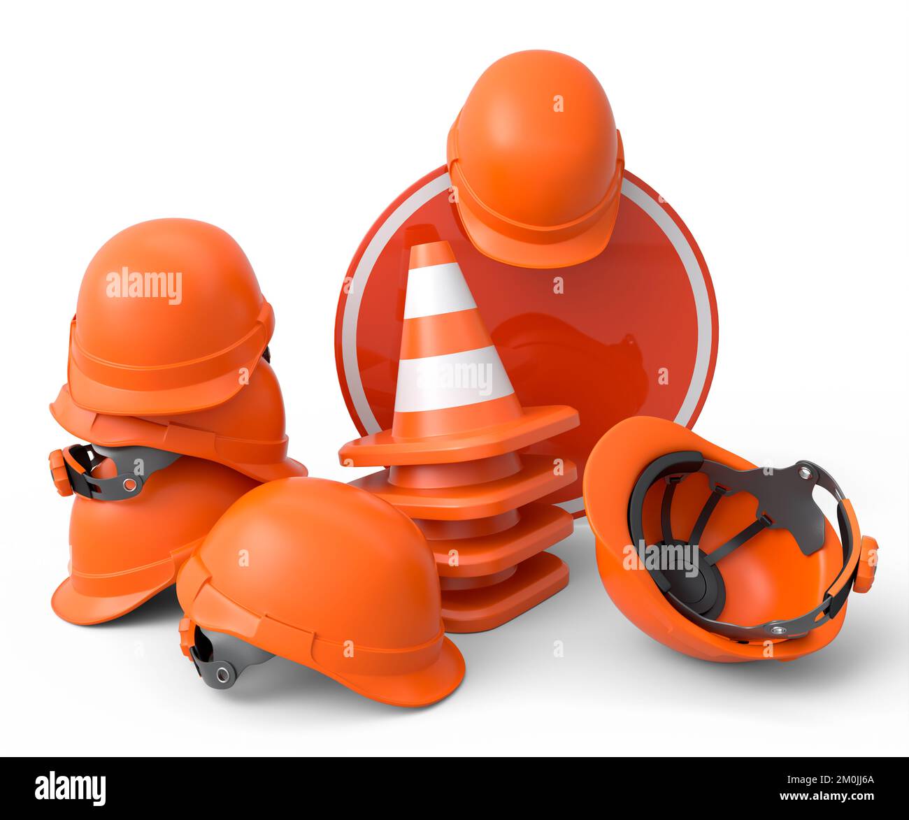 Set of safety helmets or hard hats and traffic cones, road sign for ...