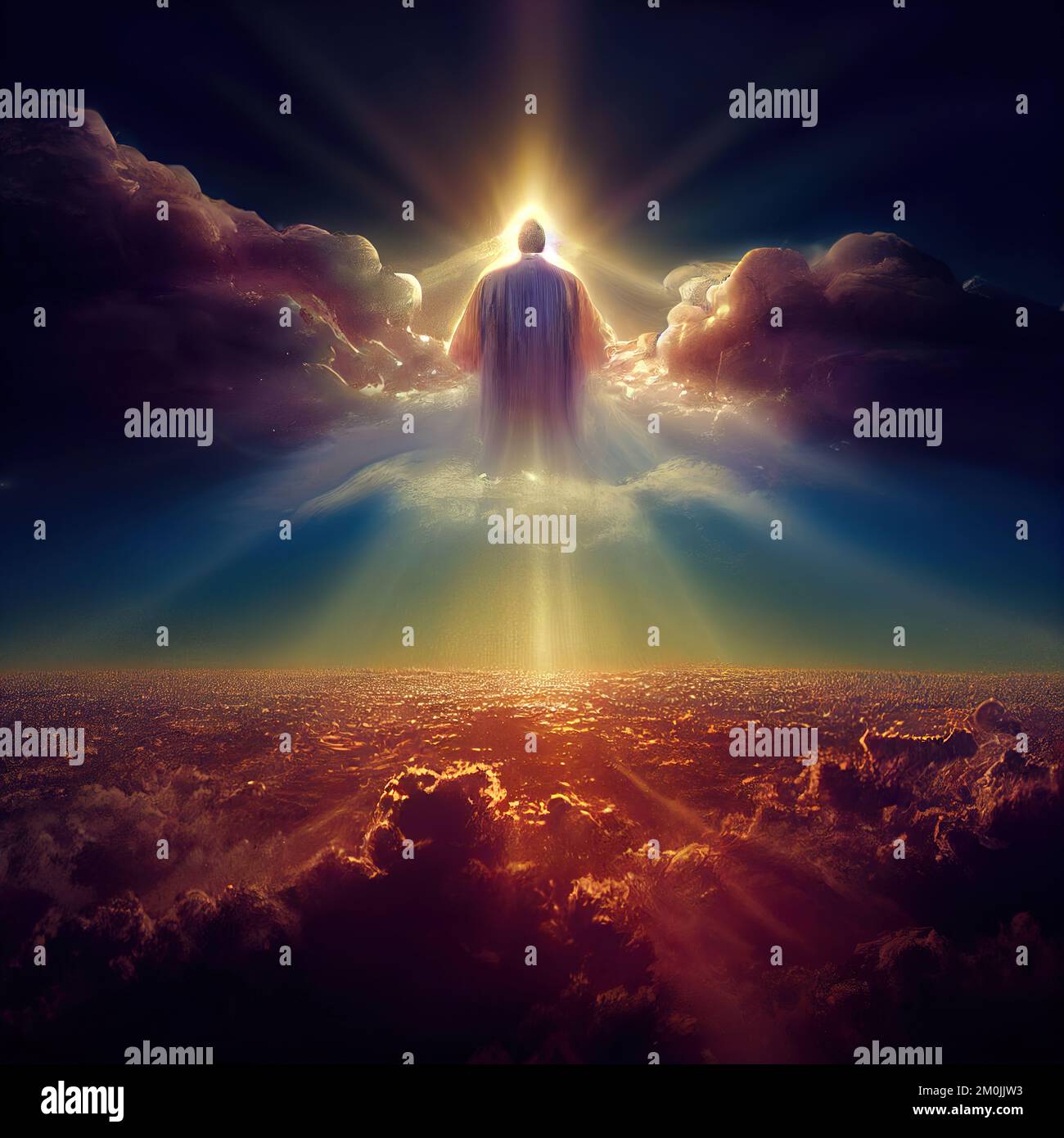 A digital render of a glowing mystical god-like creature floating high ...