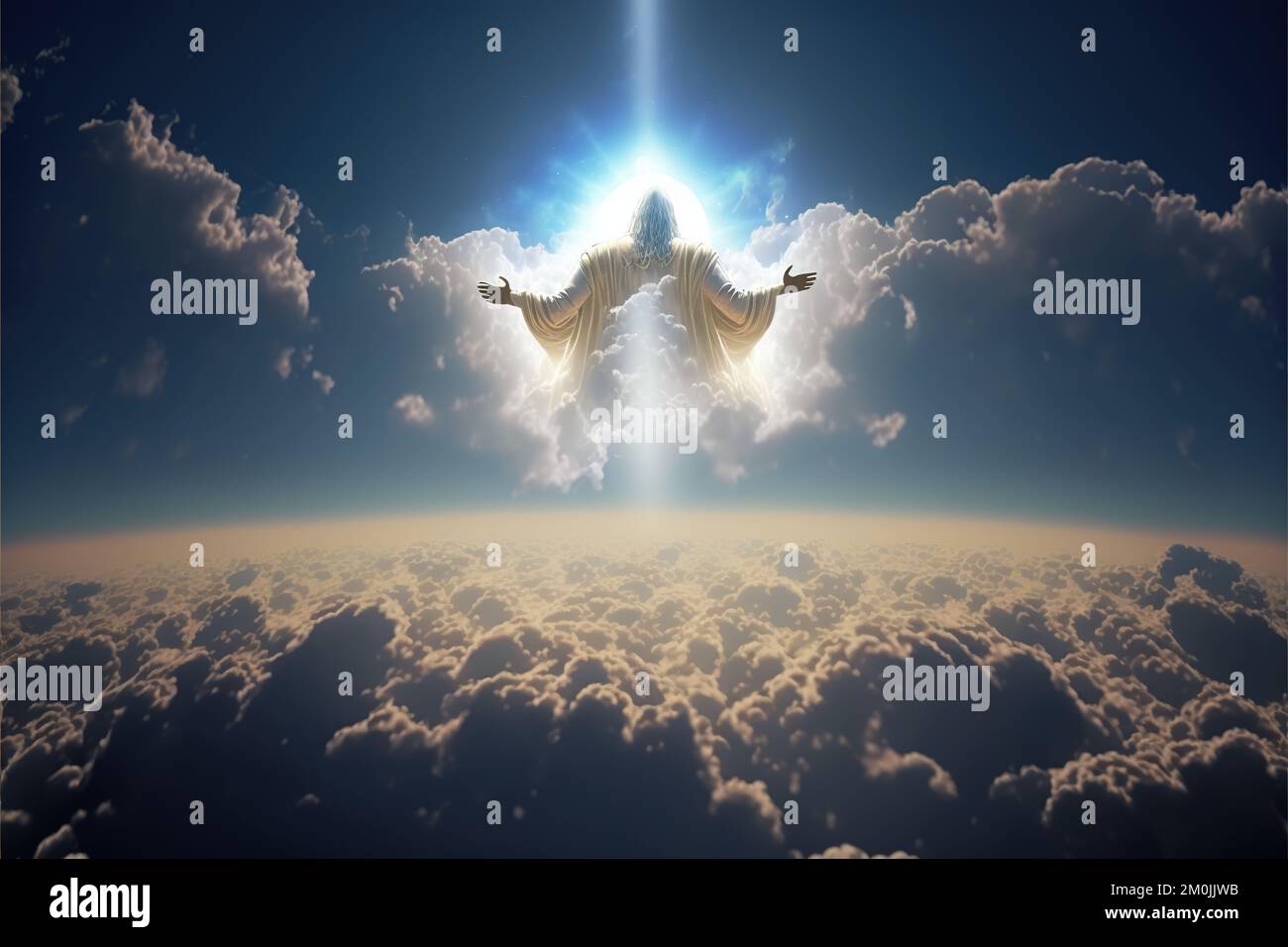 A digital render of a glowing mystical god-like creature floating high ...