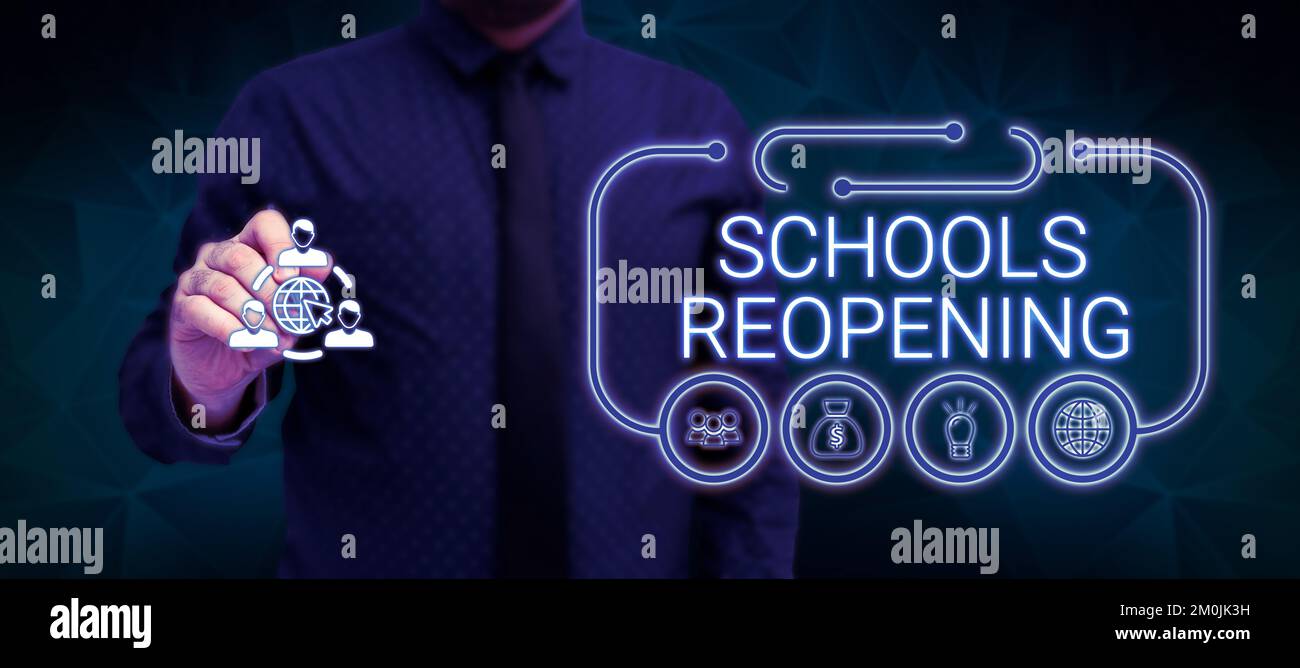 Text sign showing Schools Reopening. Business showcase classes are over ...