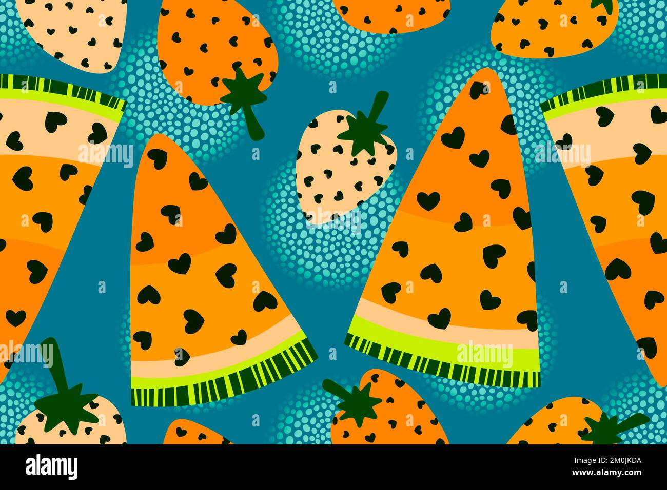 Summer cartoon kawaii fruit seamless strawberry and watermelon slices ...