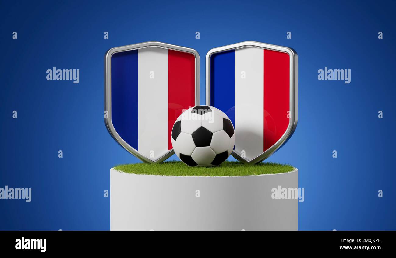 France flag soccer shield with football ball on a grass podium. 3D ...