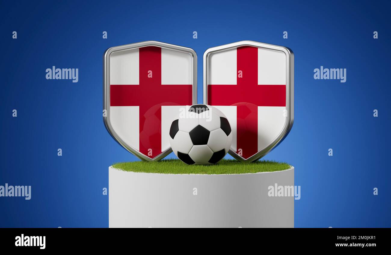 England flag soccer shield with football ball on a grass podium. 3D ...