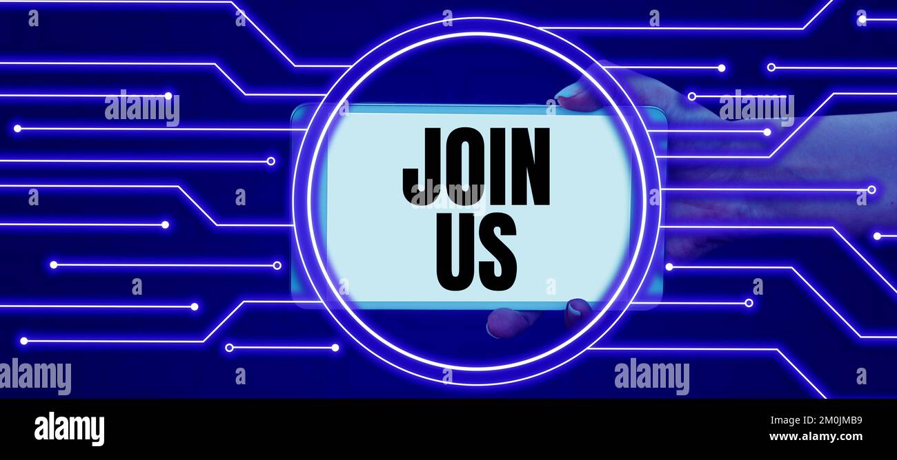 Text caption presenting Join Us. Word for Register in community Team or ...
