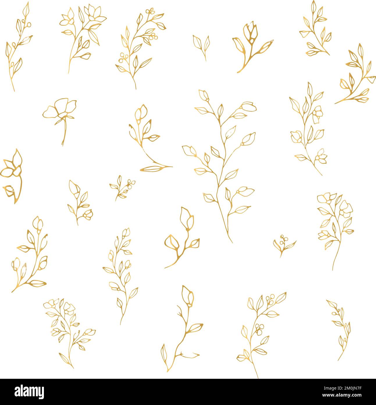 Set of graphic golden vector plant branches with flowers. buds and ...