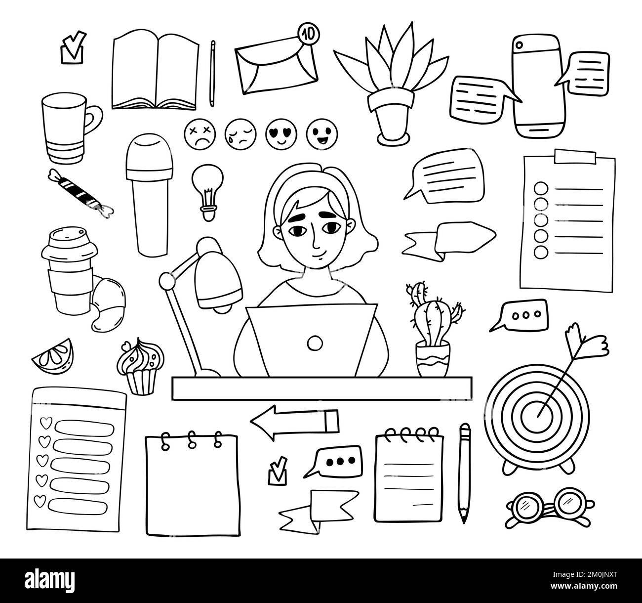 Set of business doodles work and study. Cute girl behind laptop, office ...