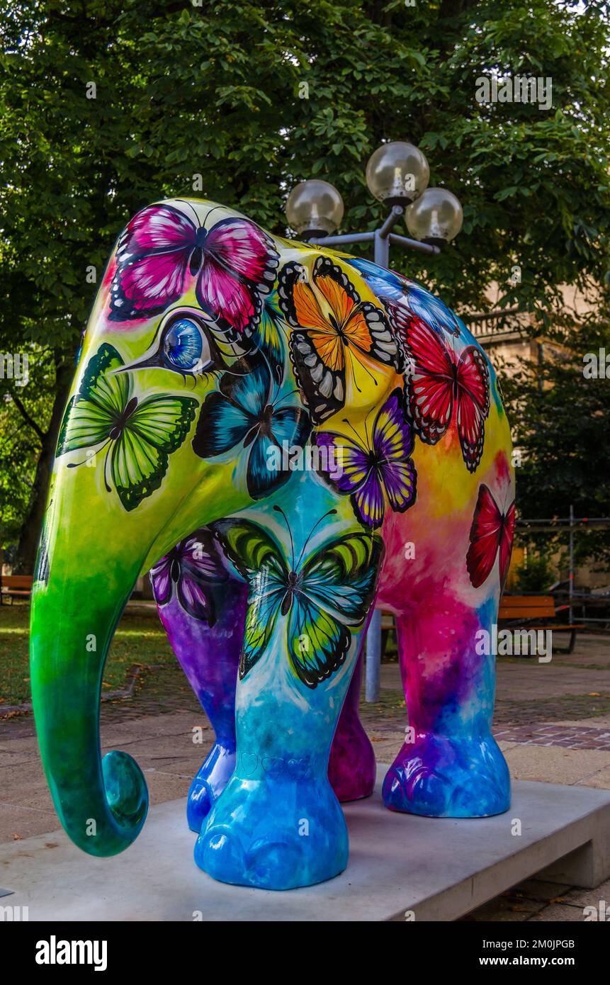LUXEMBOURG CITY, LUXEMBOURG - AUGUST 27, 2013: Colorful elephant statue ...