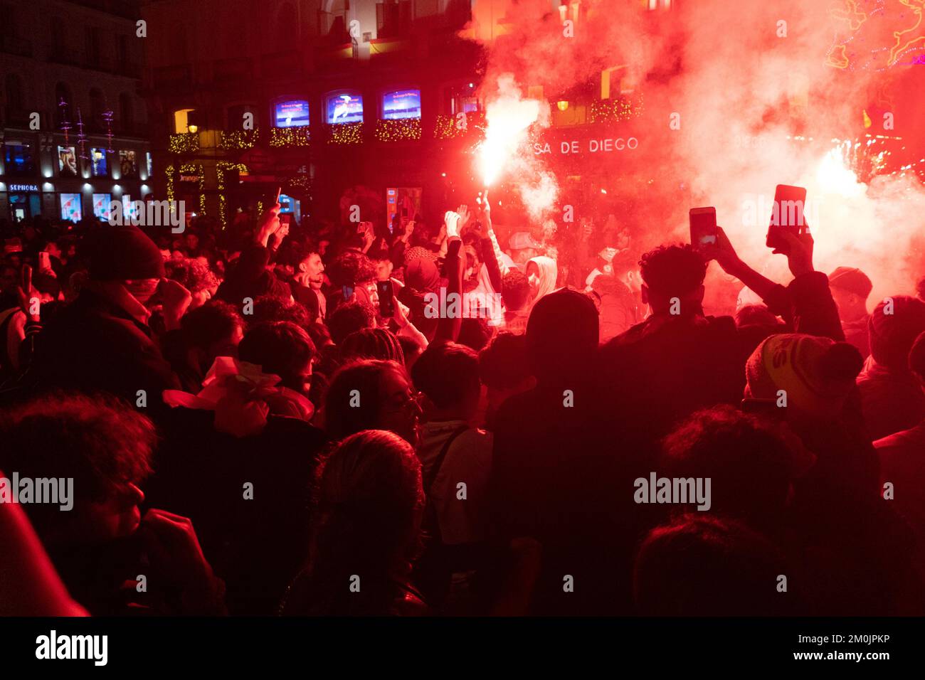 December 6, 2022 - Madrid, Spain: Moroccan fans with flares celebrate ...