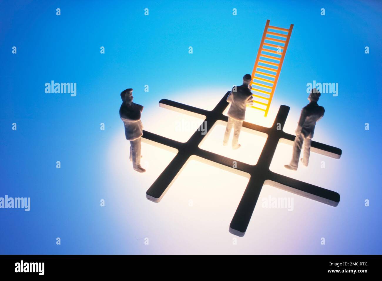 Tic Tac Toe with Businessman Figures and Miniature Ladder on Blue ...