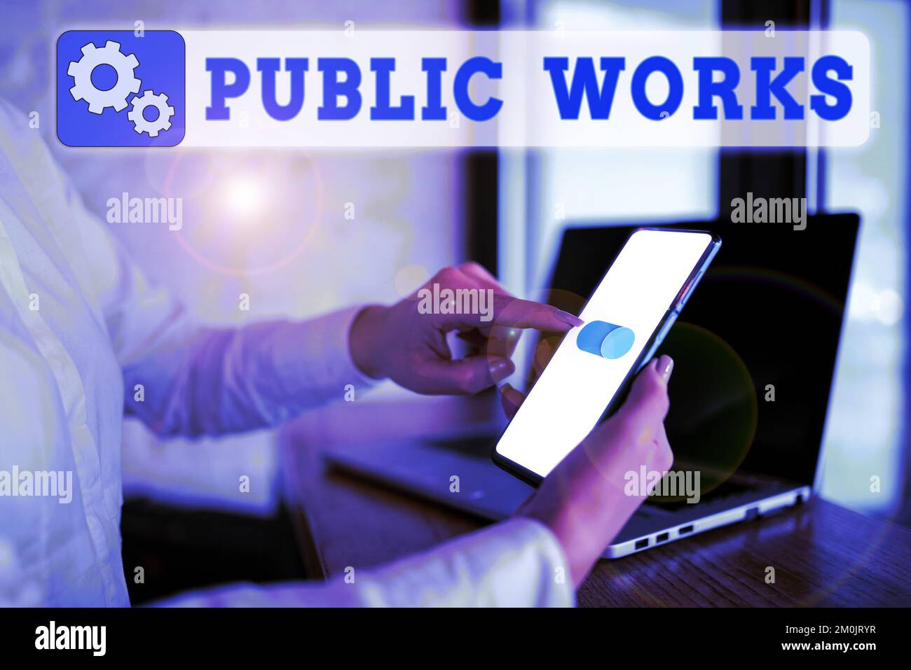 Hand writing sign Public Works. Concept meaning Describes the viewing ...