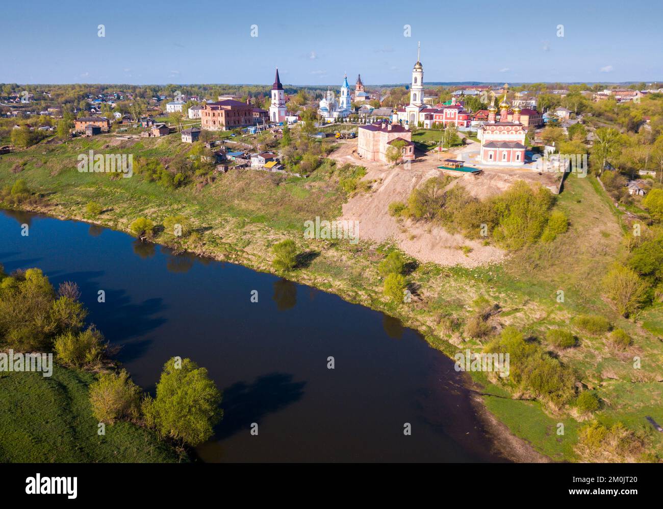 Panoramic aerial view of district of Belev on riverside, Tula region ...