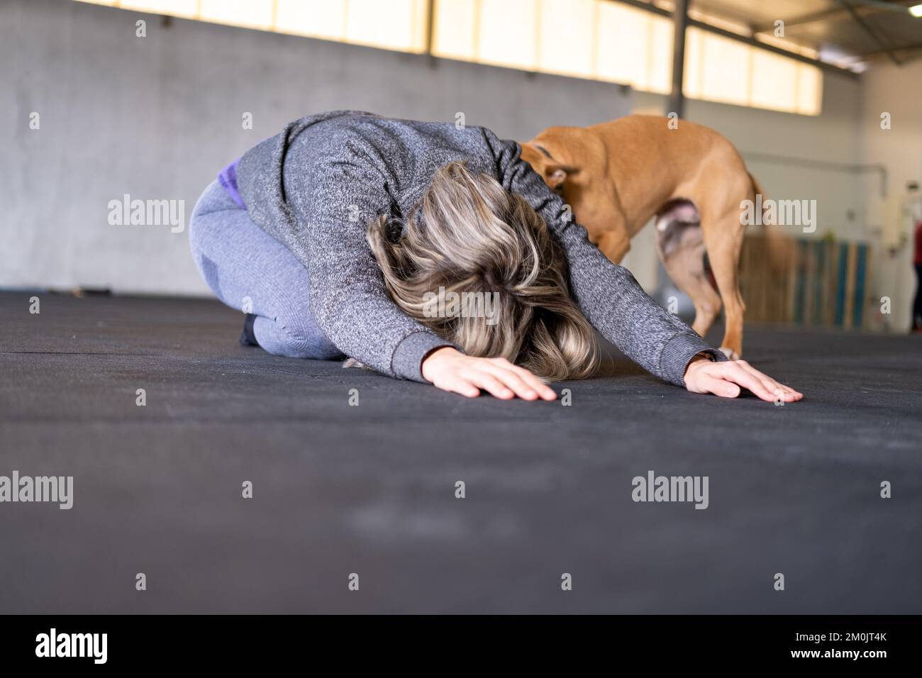 A blond mid adult woman resting in child's pose during her vinyasa flow ...