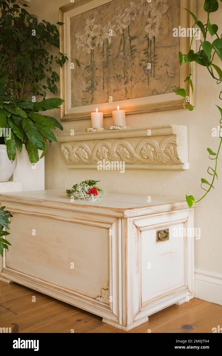 Bleached wooden storage chest and green houseplants in master bedroom ...