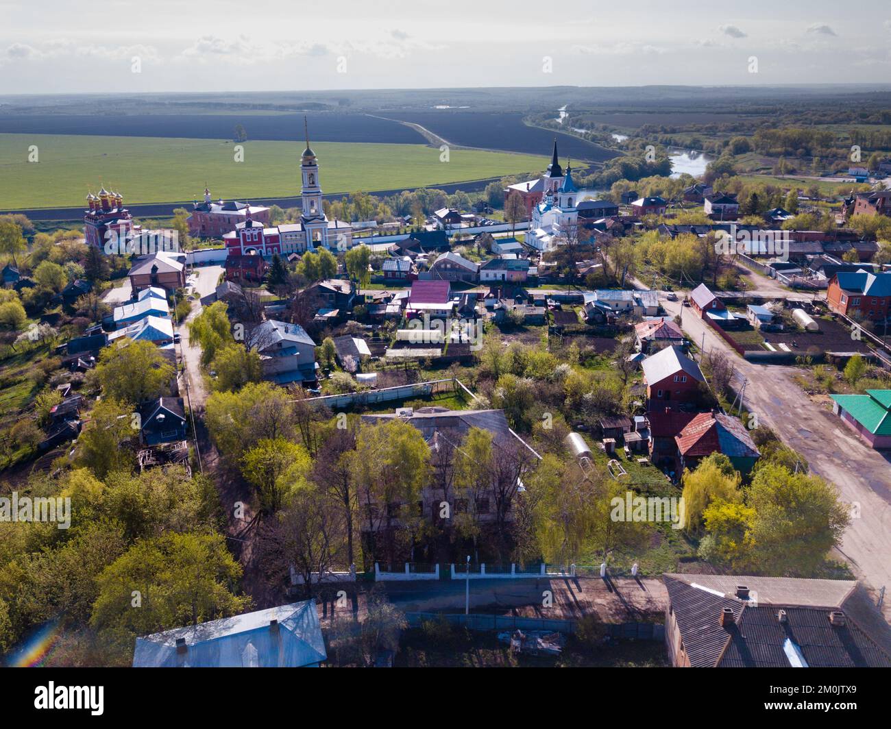 Aerial view of city of Belev with bulidings on riverside, Tula region ...