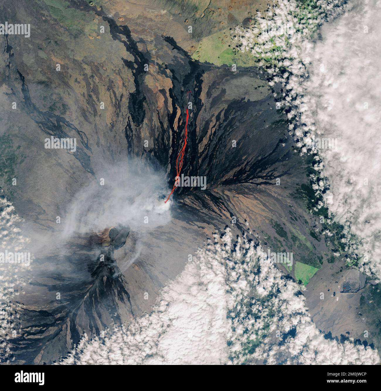 Lava flowing from Mauna Loa eruption towards Saddle Road. Elements of ...