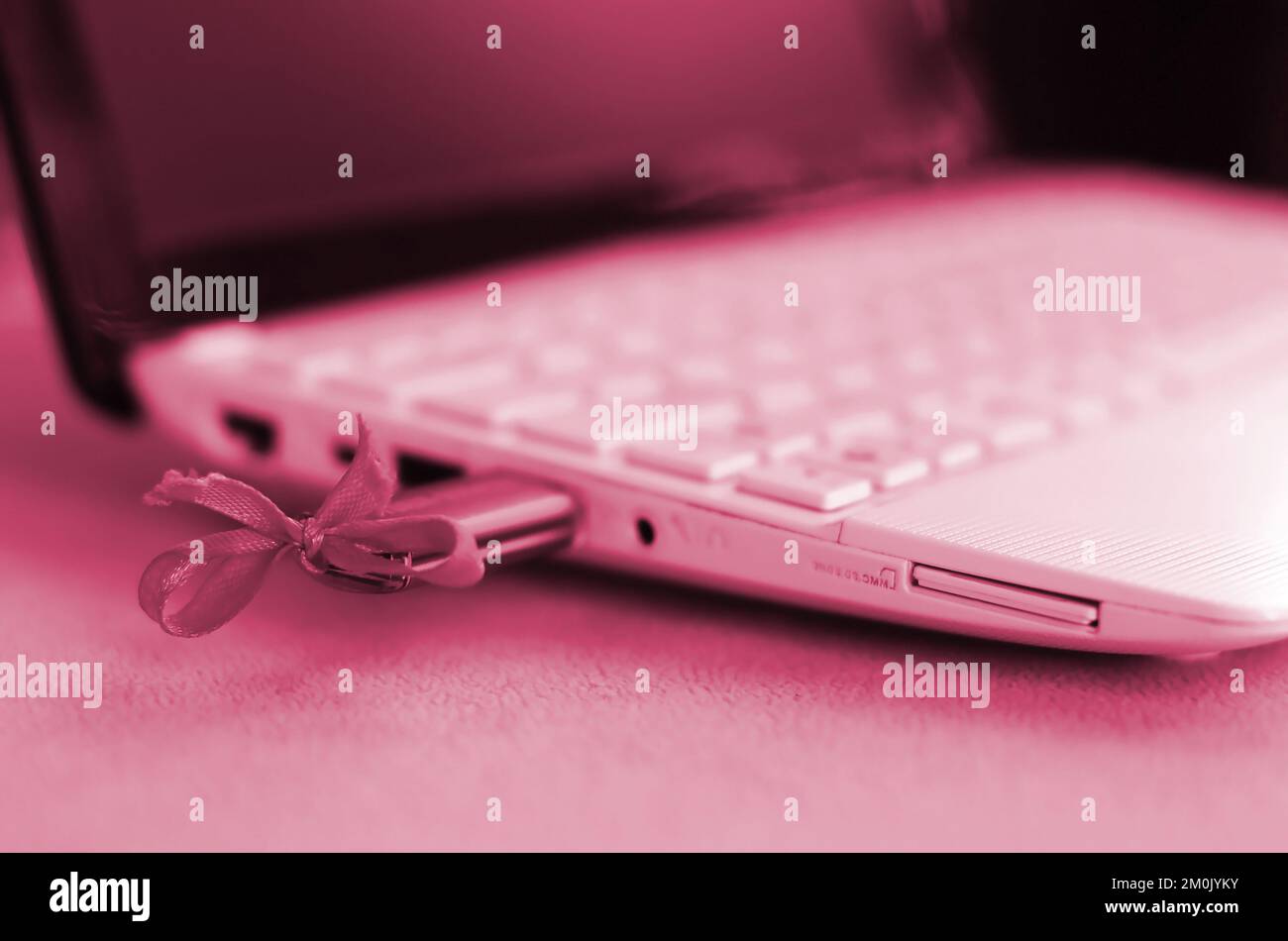 USB flash drive with bow is connected to a white laptop, which lies on ...