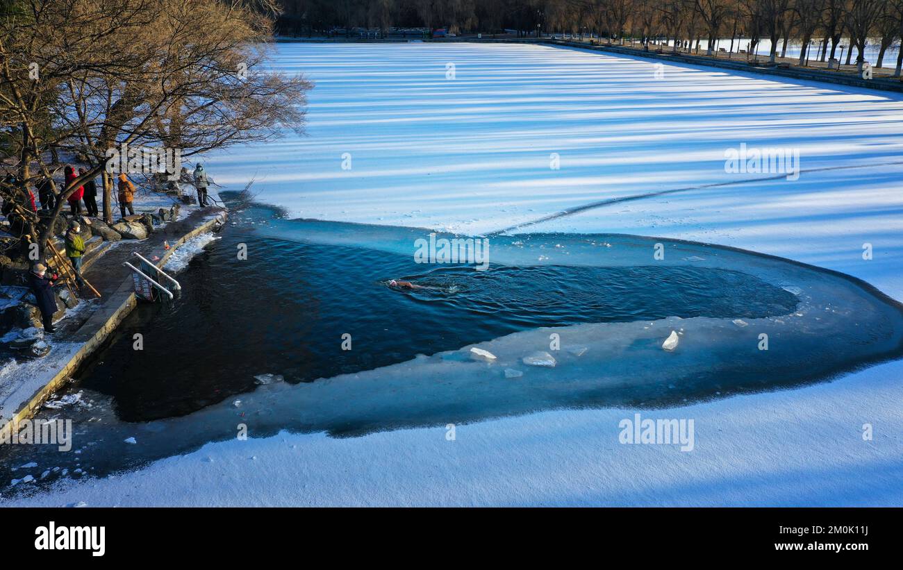 Aerial photo shows winter swimming enthusiasts swimming in the ice lake ...