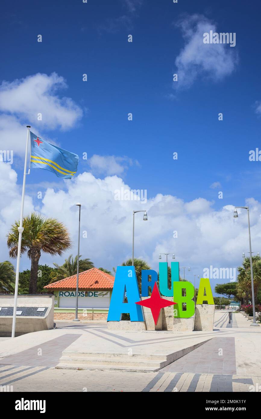 ORANJESTAD, ARUBA - JULY 17, 2022: Colorful Aruba sign with Aruba flag ...