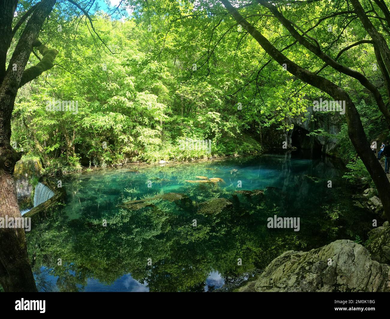 A breathtaking view of a crystal clear turquoise pond surrounded by ...