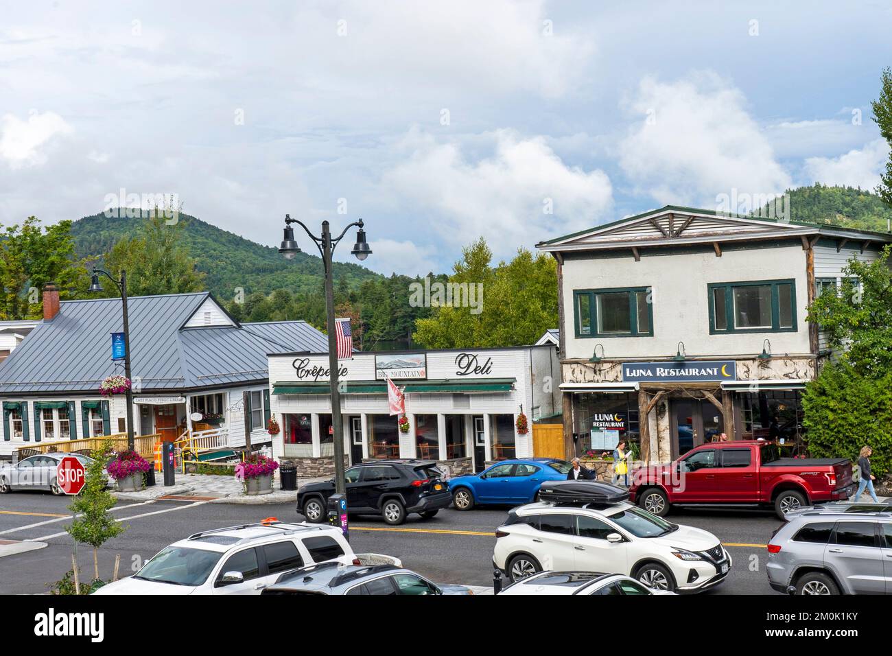 Main Street in Lake Placid is the downtown walkable strip lines with ...