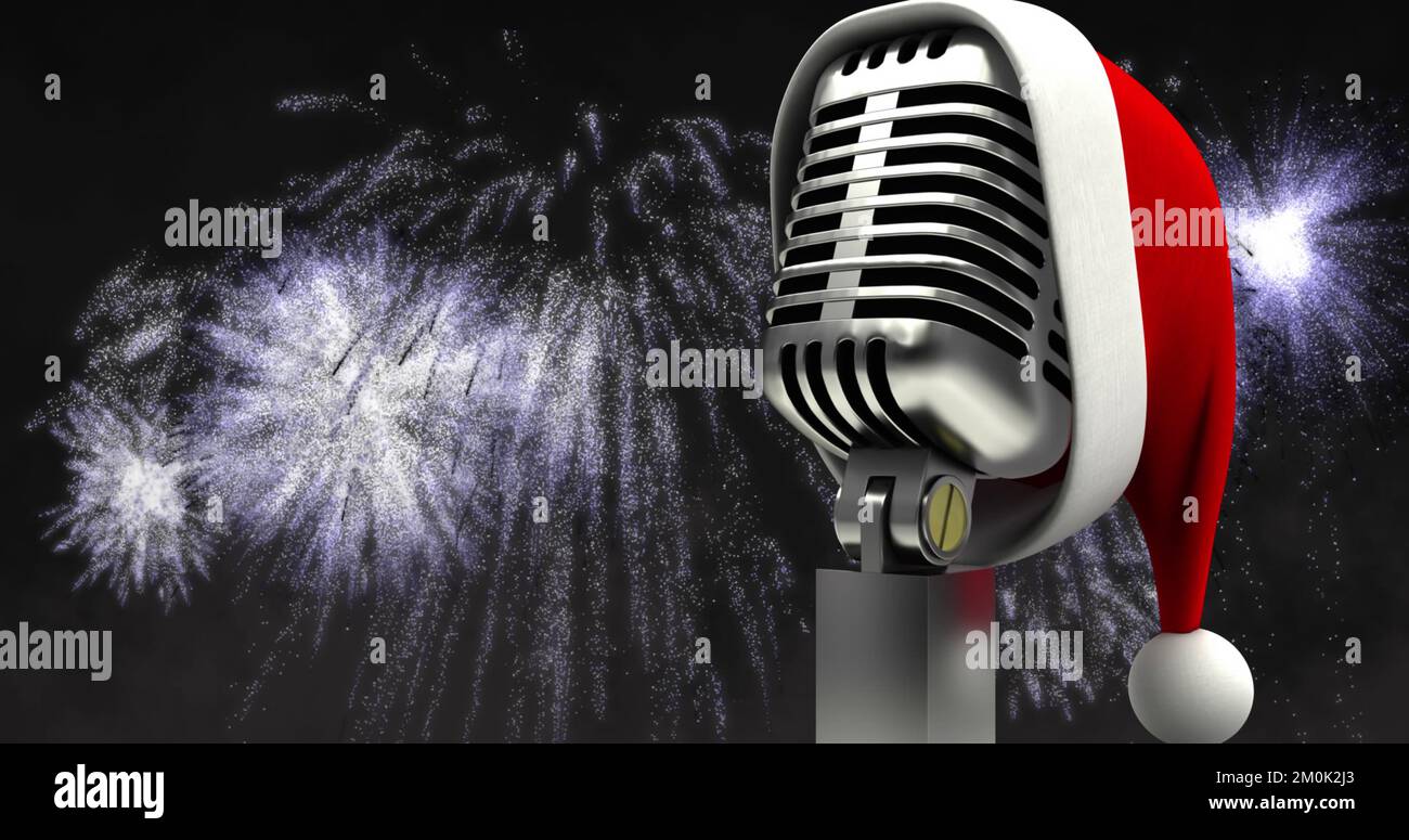 Image of santa hat on retro microphone with white christmas and new ...