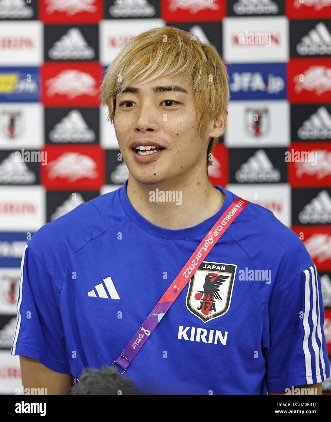 Japan player Junya Ito speaks to reporters in Doha, Qatar, on Dec. 6 ...