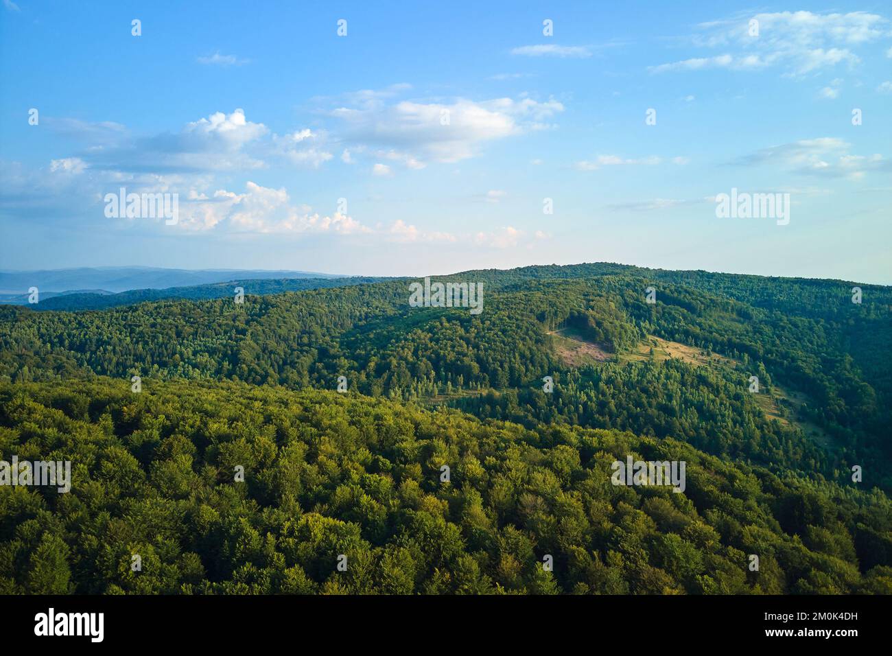 Aerial view of mountain hills covered with dense green lush woods on ...
