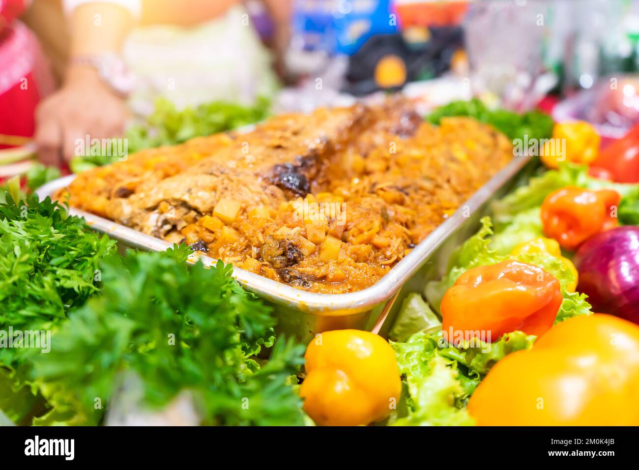 Tray with traditional Christmas food from Nicaragua known as relleno ...