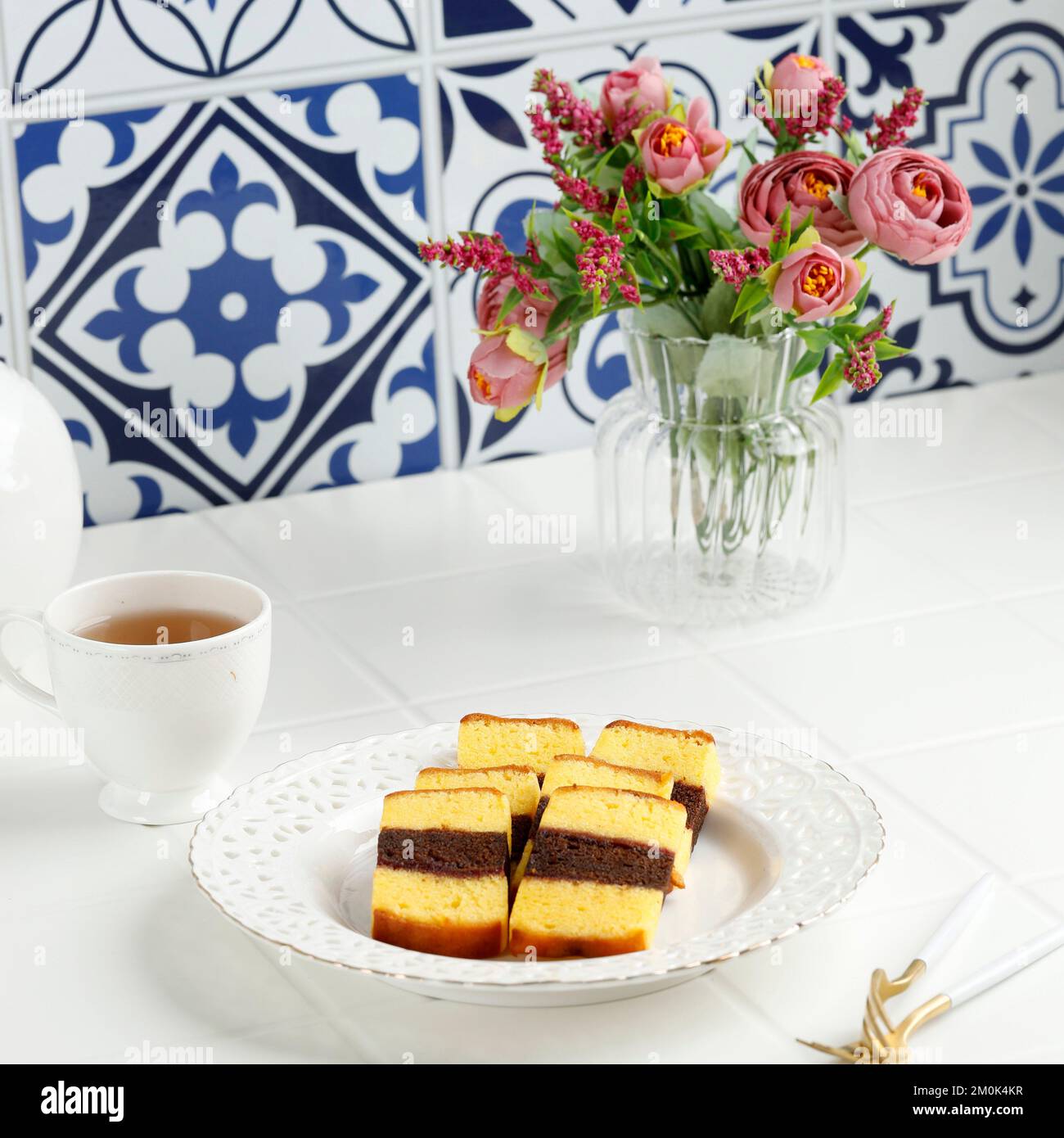 Malaysian Dish Kek Lapis Sarawak or Sarawak Layered Cake on WHite Table ...