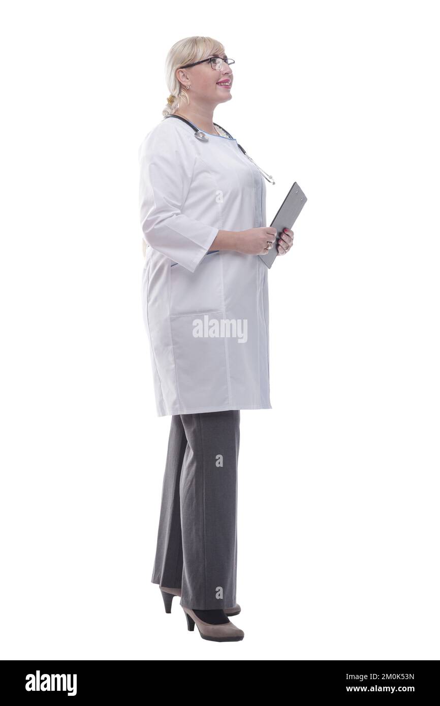 friendly female doctor with clipboard looking at you Stock Photo - Alamy