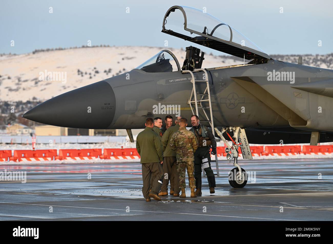 Pilots from the 173rd Fighter Wing greet F-15C pilots from Kadena Air ...