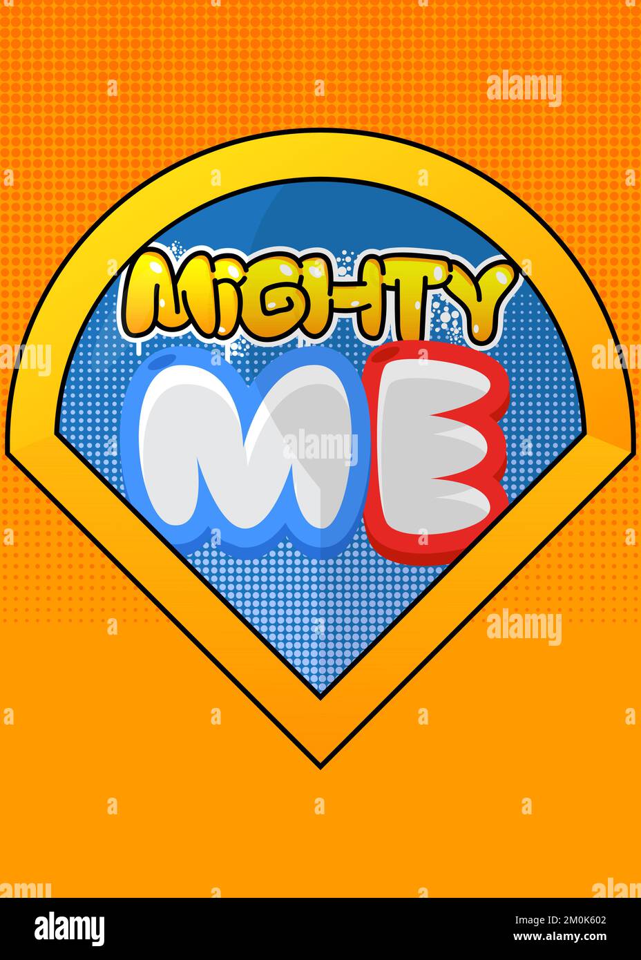 Superhero coat of arms showing Mighty Me icon. Colorful comic book ...