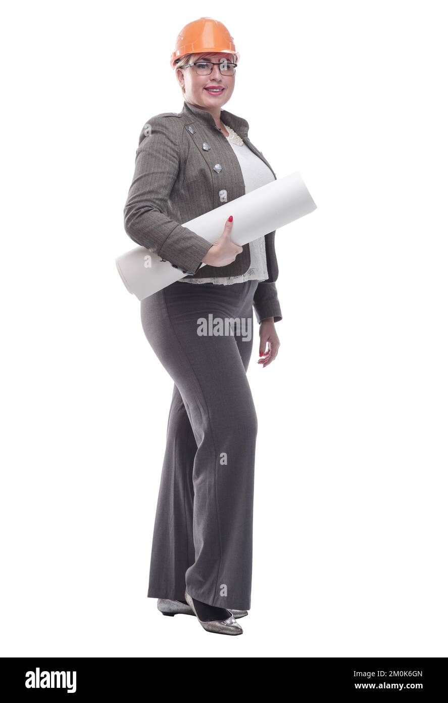 smiling woman architect with drawings. isolated on a white Stock Photo ...