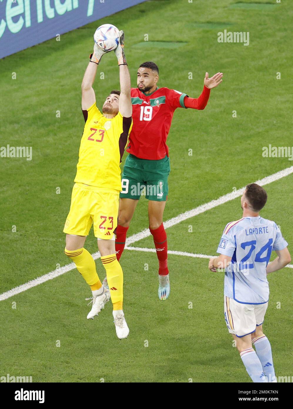 Spain goalkeeper Unai Simon (23) makes a save during the first half of ...