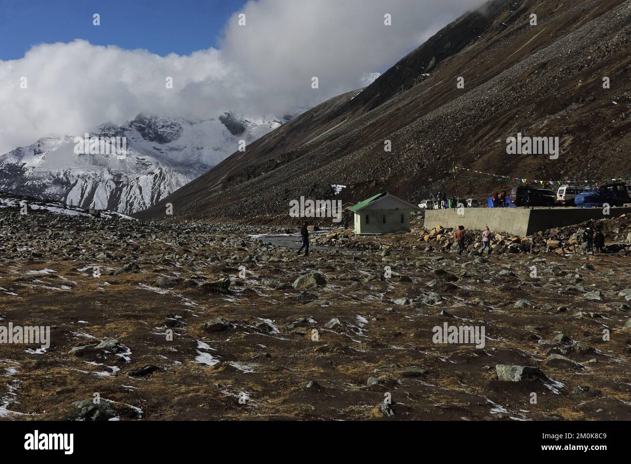 scenic landscape, snowcapped mountains and alpine valley. zero point in ...