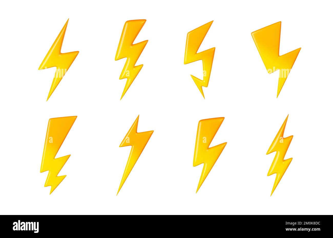 3D illustration set of yellow lightning signs of different shape ...