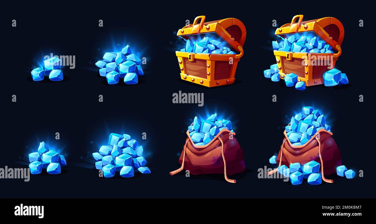 Treasure chest and bag with gem stones game icons. Wooden trunk or sack ...