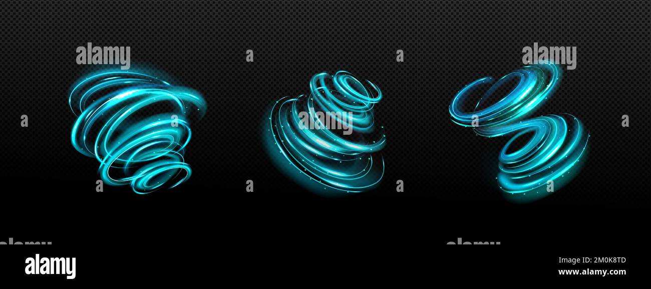 Abstract blue swirls png set isolated on transparent. Realistic vector illustration of sparkling ...