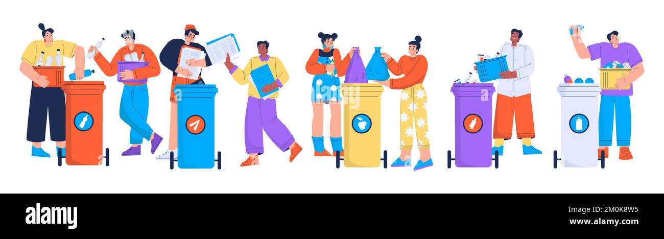 People sorting garbage for recycling. Responsible men and women throw trash and rubbish into ...