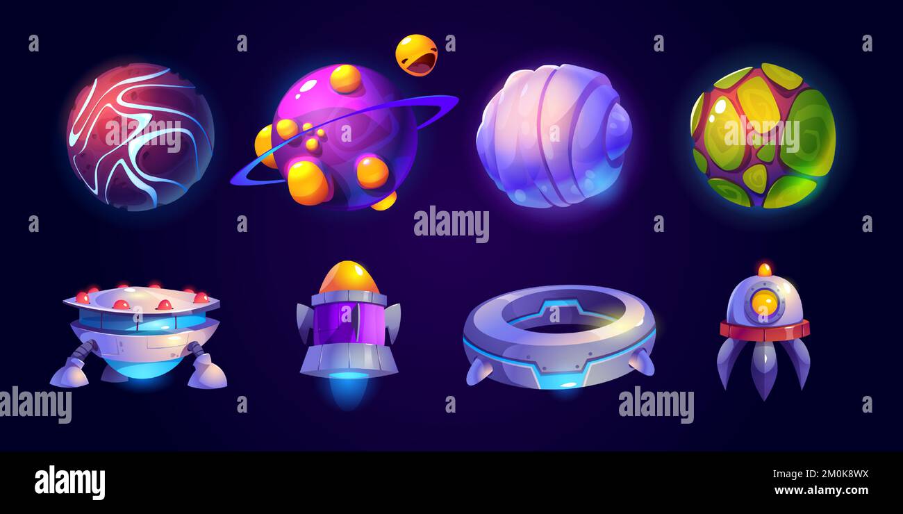 Alien space ships and planets isolated set. Ufo saucers, shuttles and ...