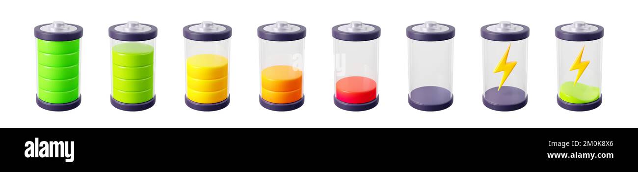 3d render battery charge level diminishing progress from full green ...