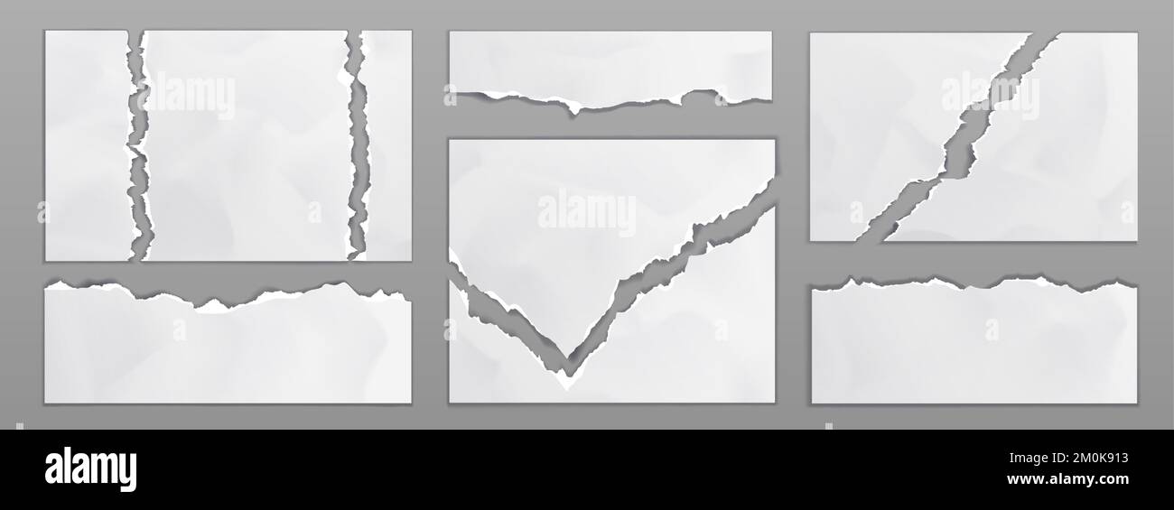 Old paper sheets with torn edges. White ripped and crumpled notes and ...