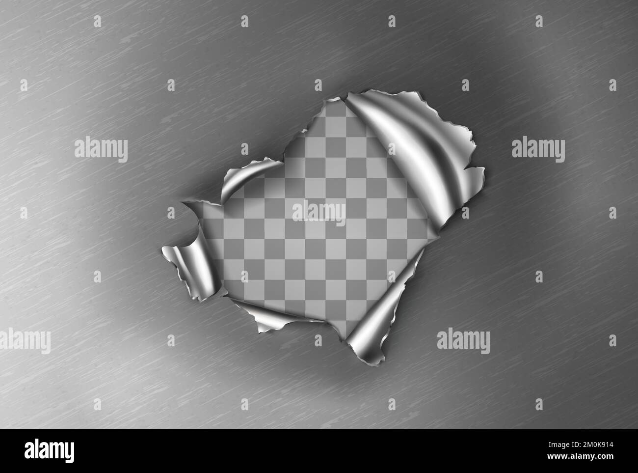 Metal rip hole with curly edges, ragged crack, cut damage on steel ...