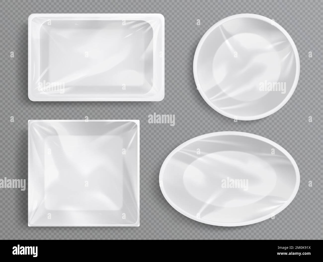 White plastic trays, package with clear film for food. Empty styrofoam ...