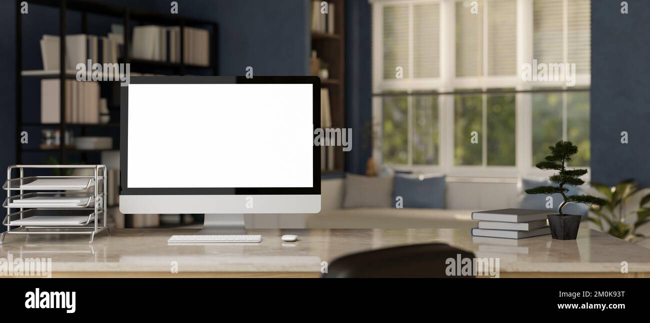 Modern home workspace with desktop computer white screen mockup, books ...