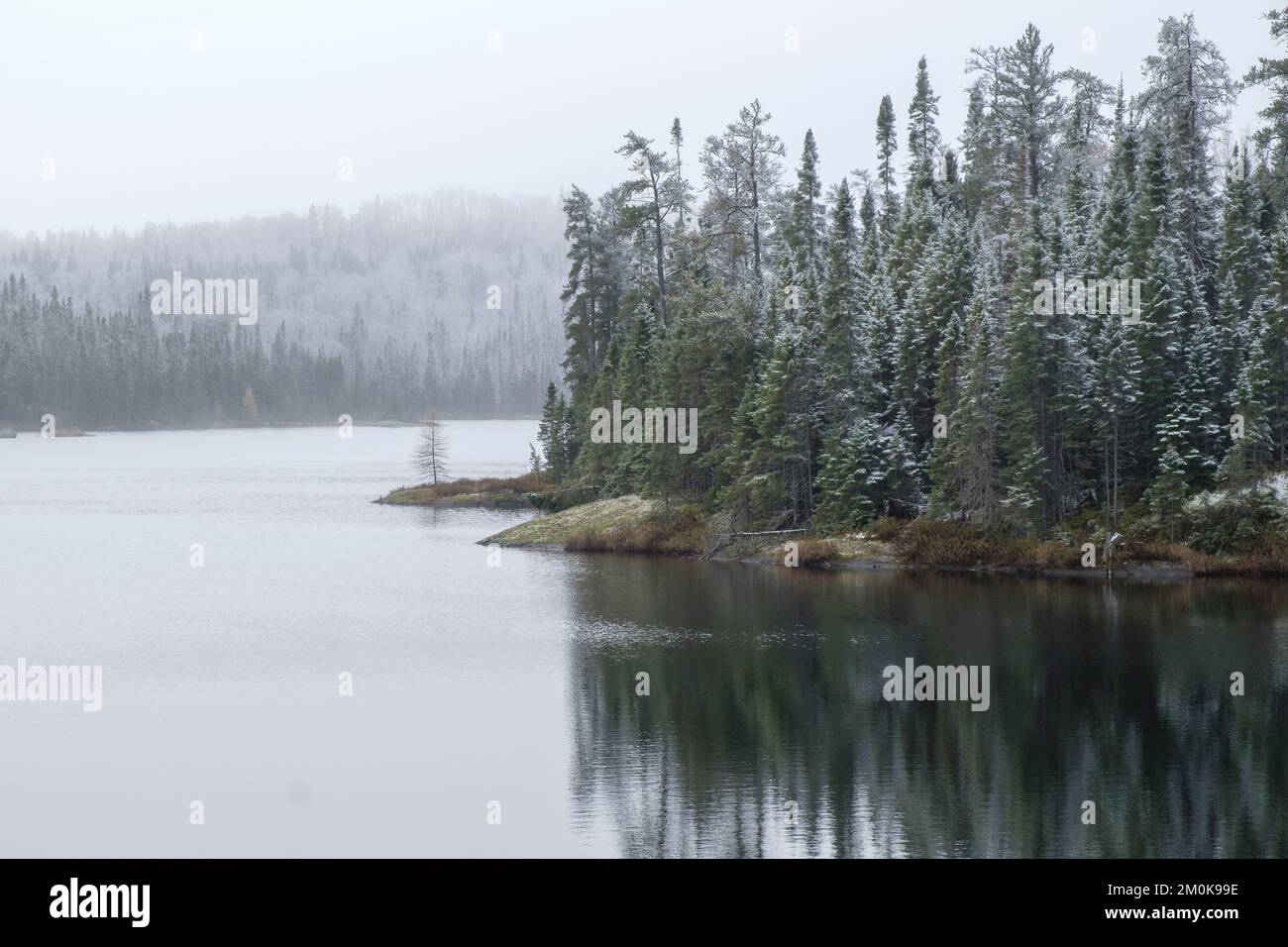 Early frost at a scenic roadside lake next to highway 17 in northern ...