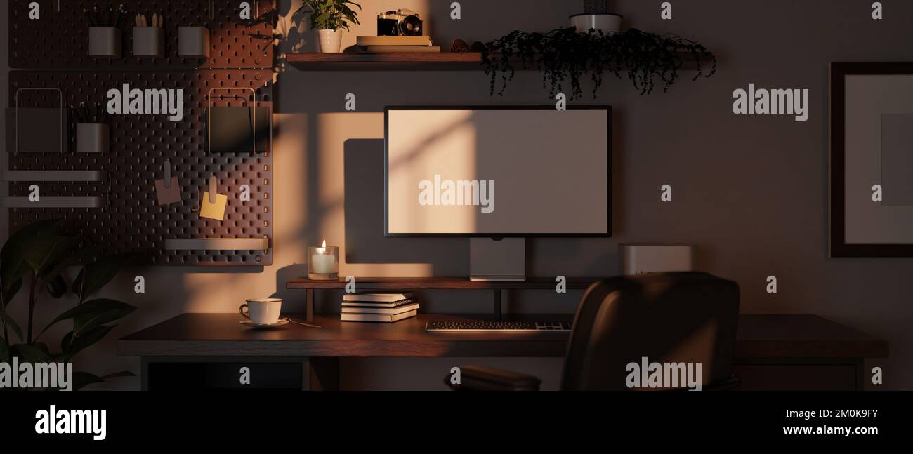 Modern home workspace with desktop computer white screen mockup, books ...