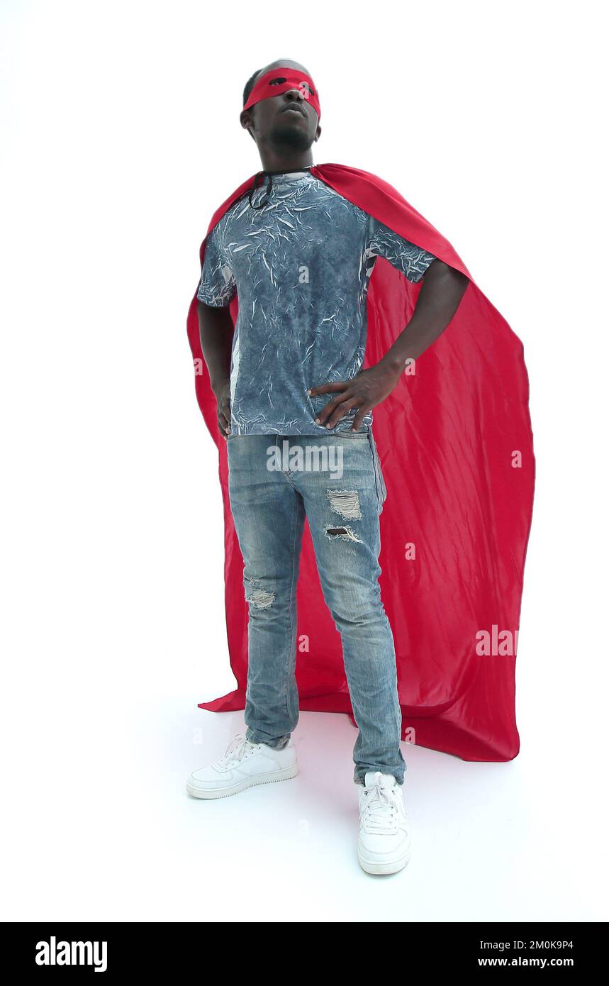 in full growth. confident guy in jeans and a superhero raincoat Stock ...